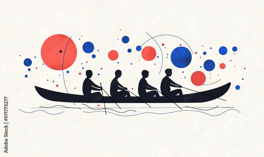 Continuous one-line drawing showing teamwork as a team member rows a ...