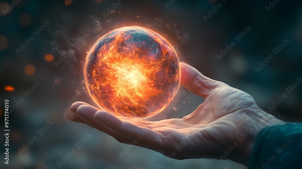 Hand Holding a Cosmic Orb: A hand holding a glowing, energy-filled orb ...
