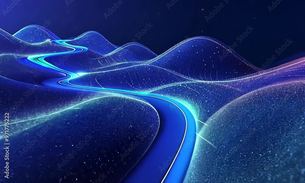 Blue glowing fast moving streams of light. Fast energy flying wave line ...