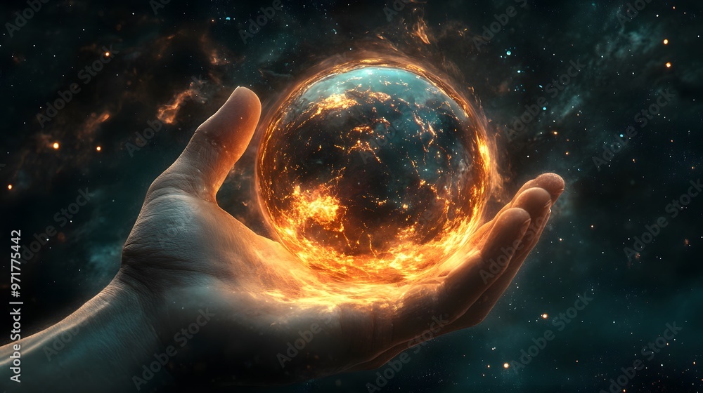 Hand Holding a Cosmic Orb: A hand holding a glowing, energy-filled orb ...