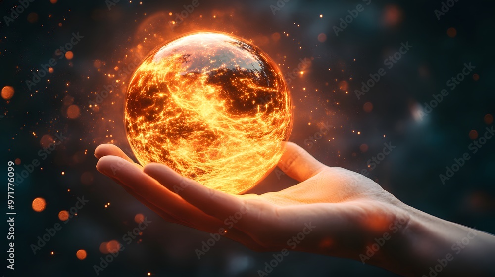 Hand Holding a Cosmic Orb: A hand holding a glowing, energy-filled orb ...