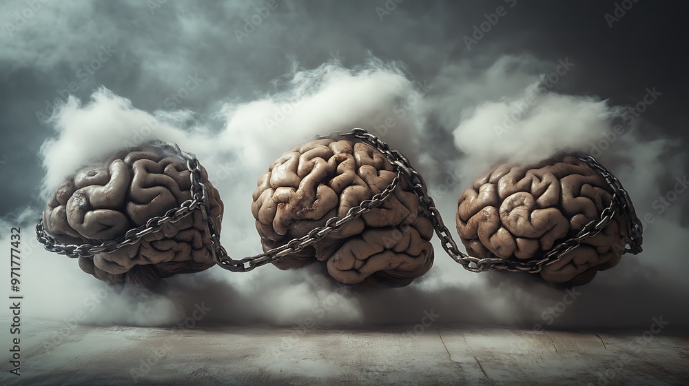 Three brains chained together in a foggy cloud. Concept of mental ...