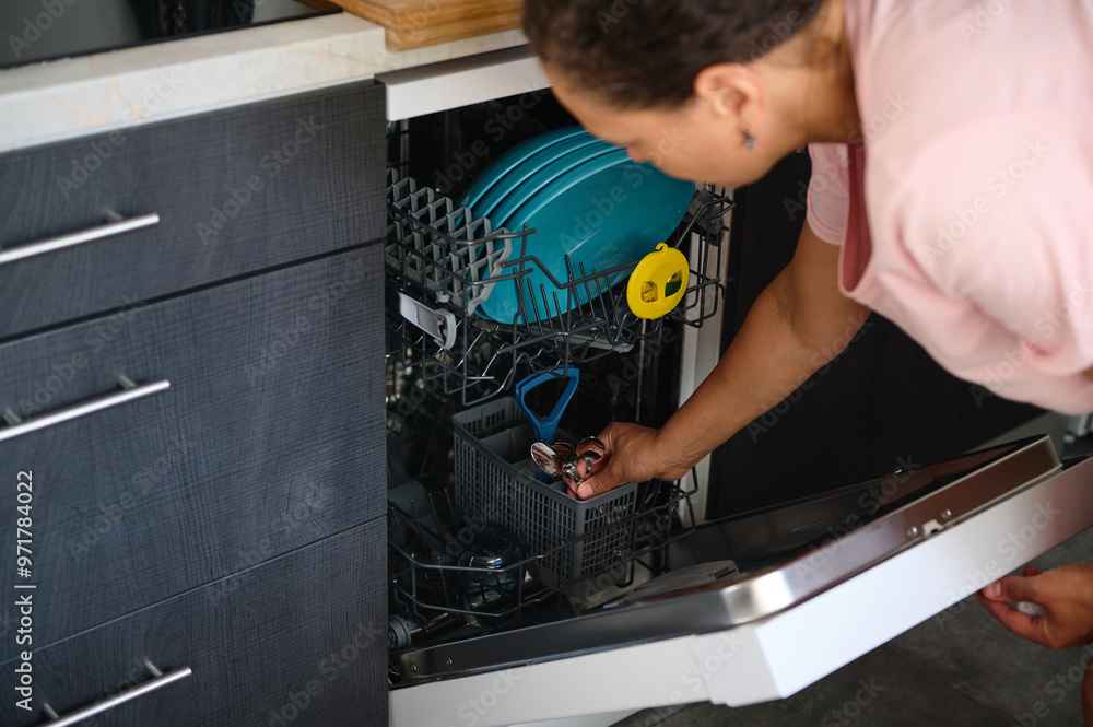 Person loading a dishwasher with dishes and cutlery in a modern kitchen ...