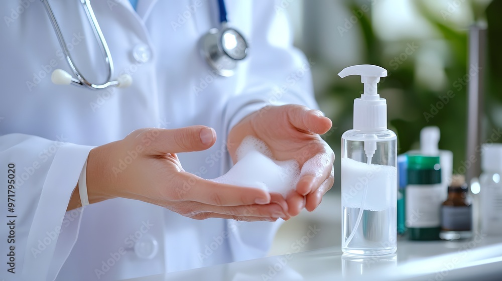 Sanitizing Hands: Doctor's hands being sanitized with a pump bottle of ...