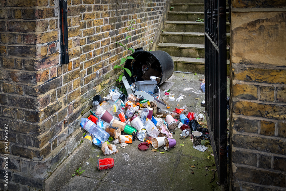 Trash and garbage littering the path to a residential building in ...