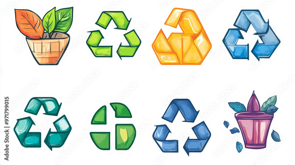 "Set of recycling icons with editable, colorful fill. Includes recycle ...