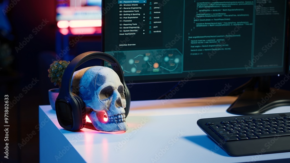 Desk with decorations in empty criminals den and hacking software ...