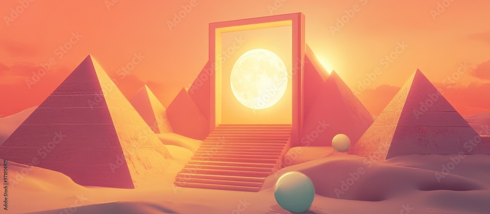 Surreal illustration featuring a window alongside pyramids spheres and ...