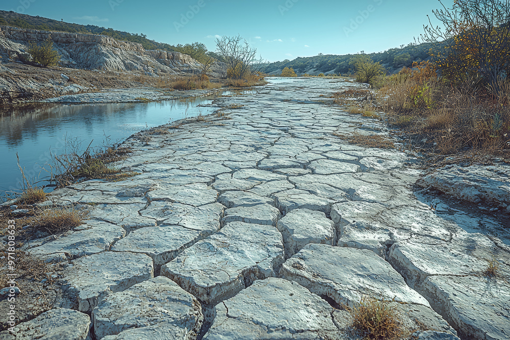 A barren landscape where a river once flowed, now just dry earth and ...