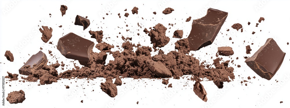 Background chocolate cocoa powder black splash brown food explosion fly ...