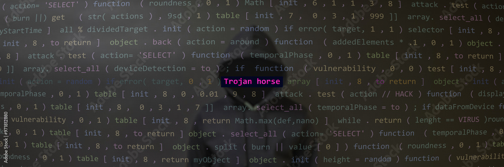 Cyber attack trojan horse text in foreground screen, Anonymous hacker hidden with hoodie in the ...