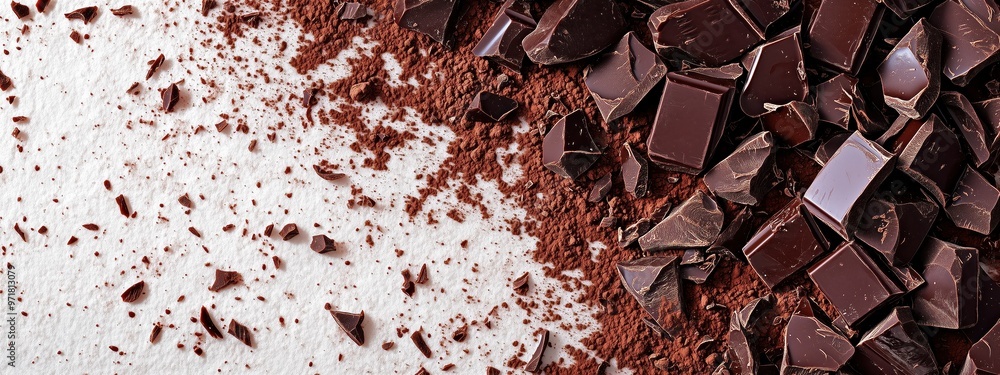 Background chocolate cocoa powder black splash brown food explosion fly. Chocolate isolated ...