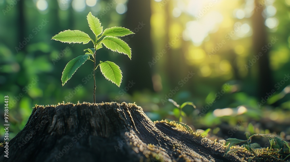 Young rowan tree seedling grow from old stump in poland forest. Stock ...