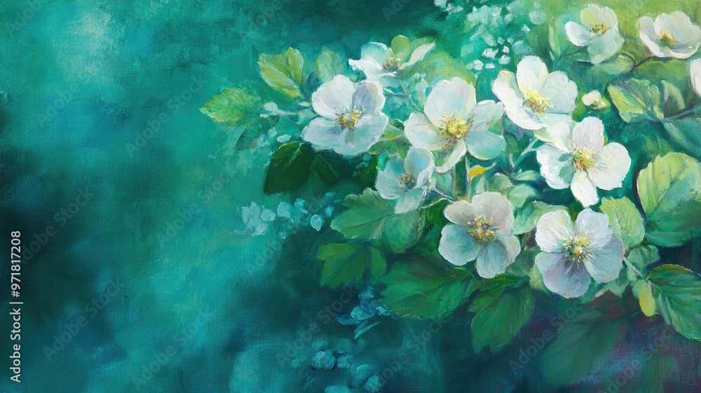 Oil painting depicting flowers of a mountain raspberry plant ...