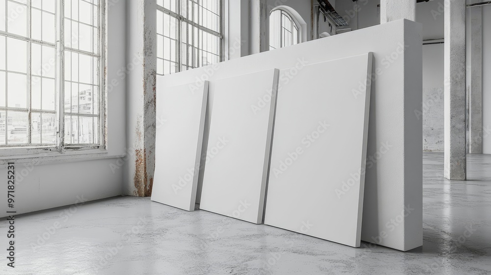 Geometrically aligned whiteboards, sharp white surfaces, flat gray ...