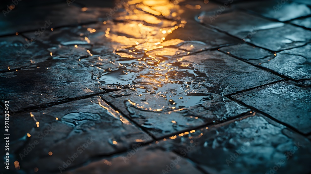 Close-up of water bubbling between cracked floor tiles, realistic style ...