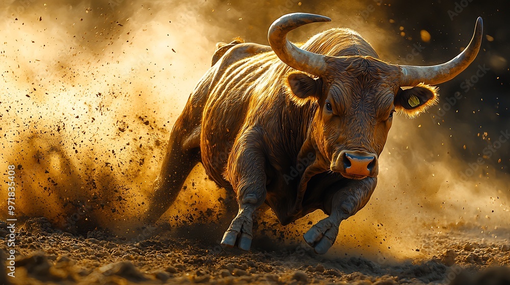 Powerful bull charging through dusty arena muscle tense horn sharp kick ...