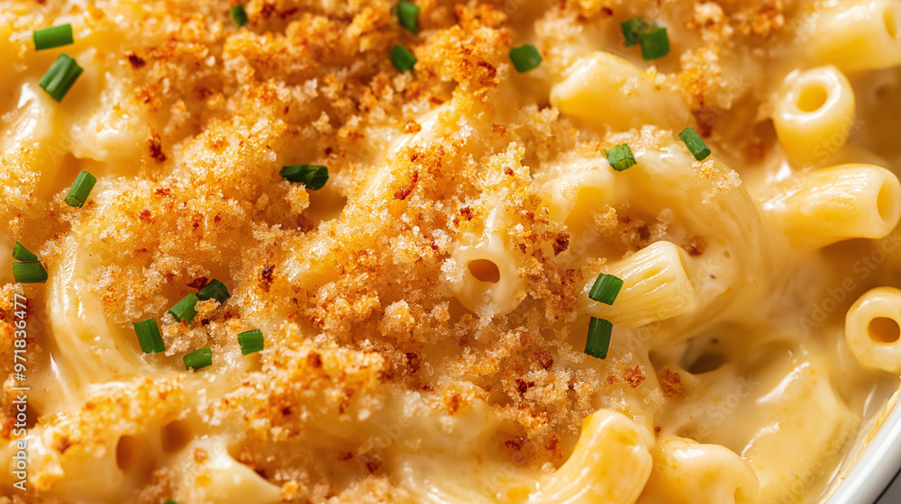 a close-up, top-down view of mac and cheese with crispy breadcrumbs ...
