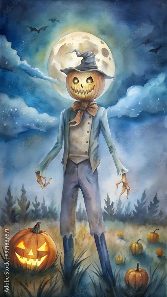 Scary pumpkin man scarecrow character with an illuminated jack-o ...