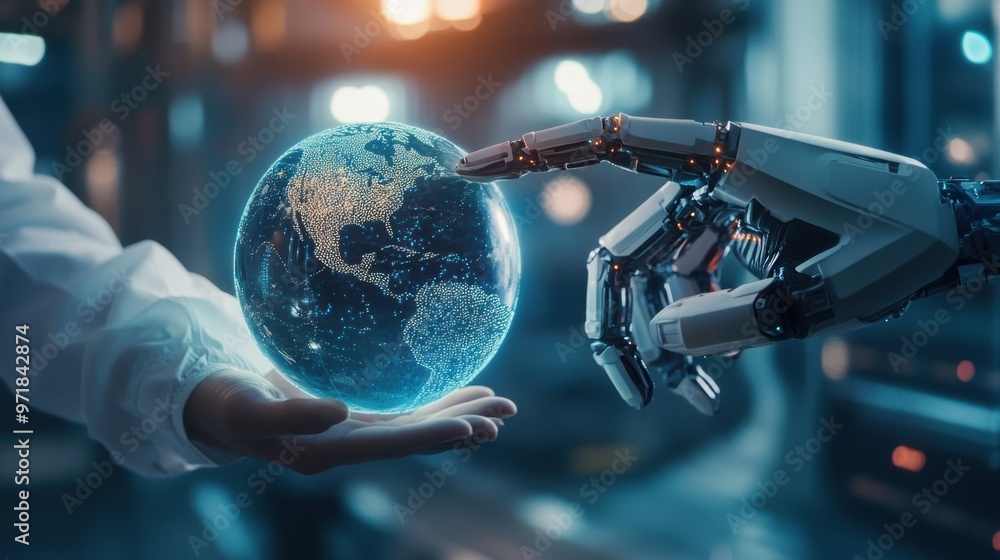AI robotic hand holding an Earth globe next to human hands interacting ...