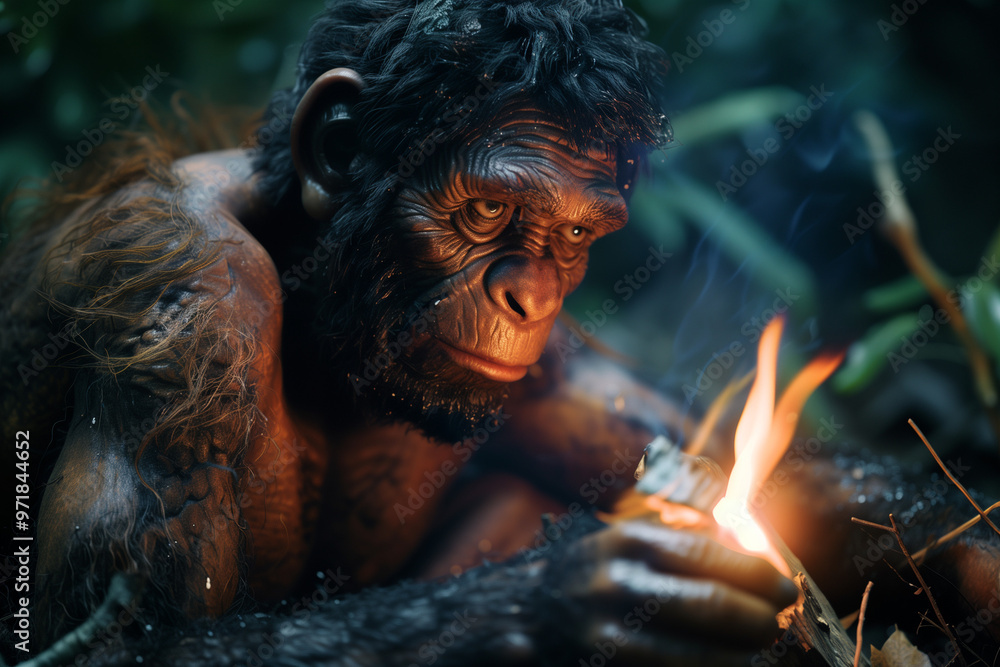 Homo Erectus depicted in prehistoric context as lighting fire with ...