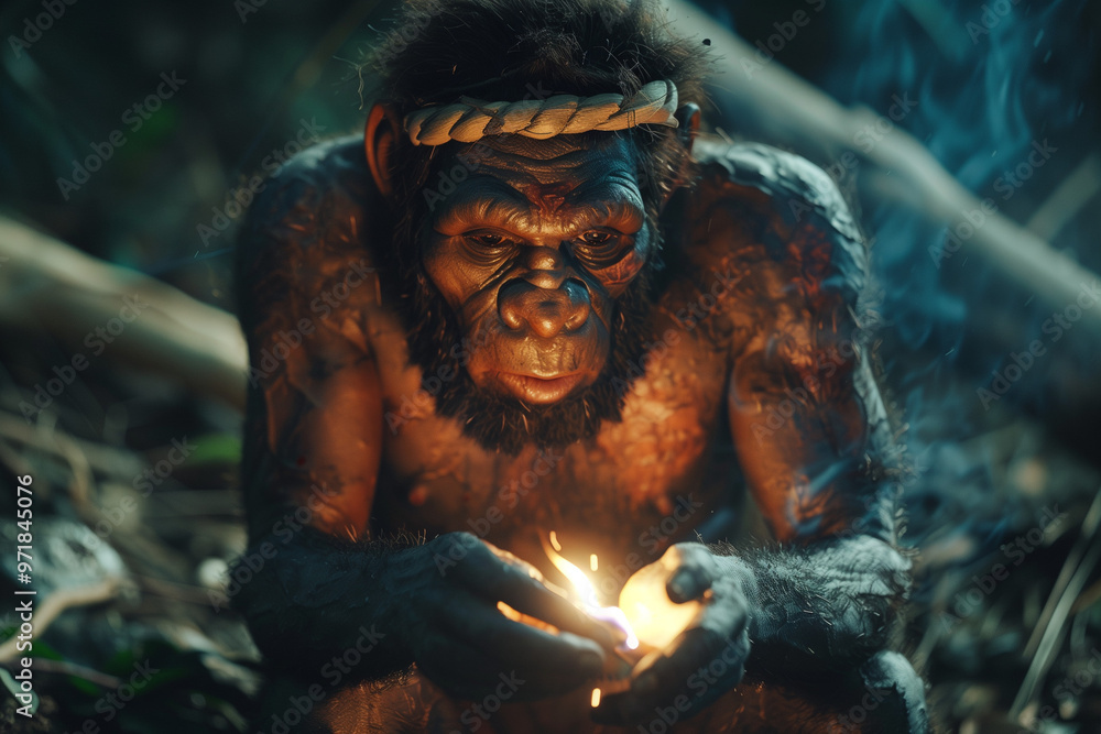 Homo Erectus portrayal in evolutionary chain demonstrating fire ...