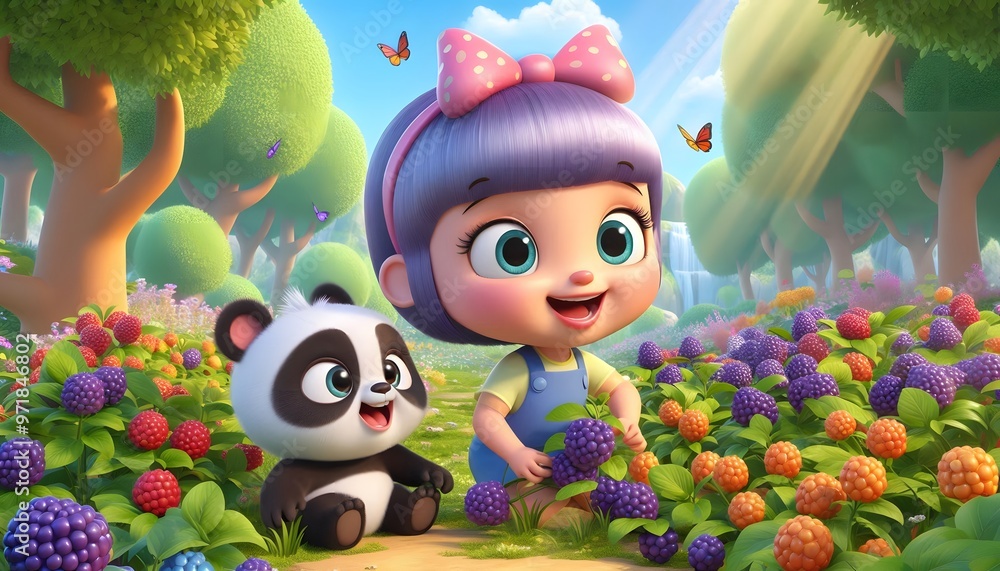 A happy baby girl and baby panda are walking, hand holding paw through ...