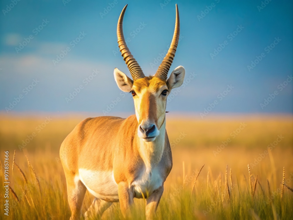 A majestic male Saiga antelope stands proudly in the steppes, its ...