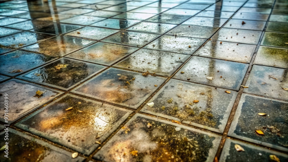 Filthy floor tiles spreading dirt and grime on a transparent pane of ...