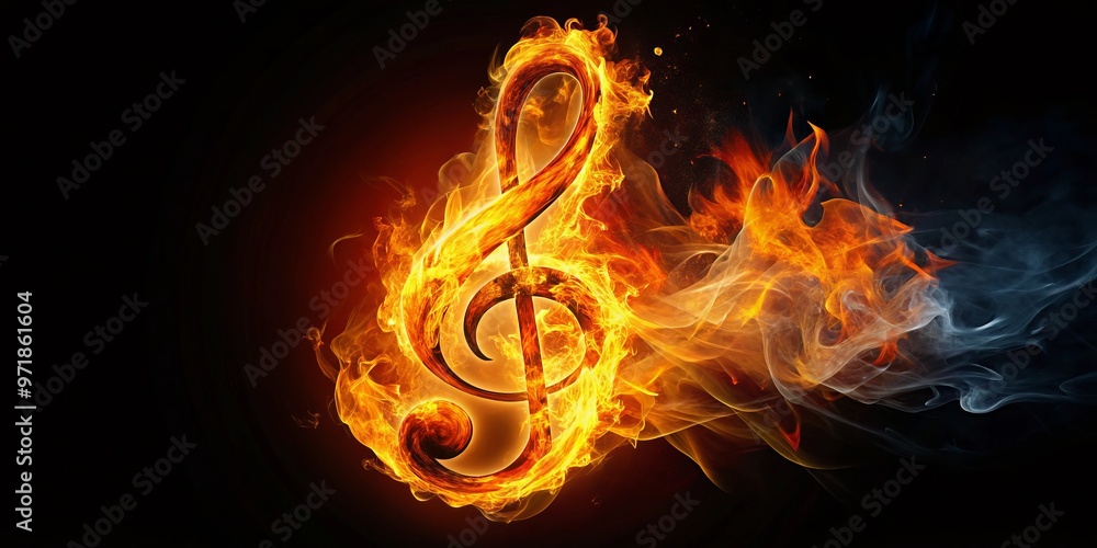 From the depths of burning darkness, a fiery treble clef rises, a fiery ...
