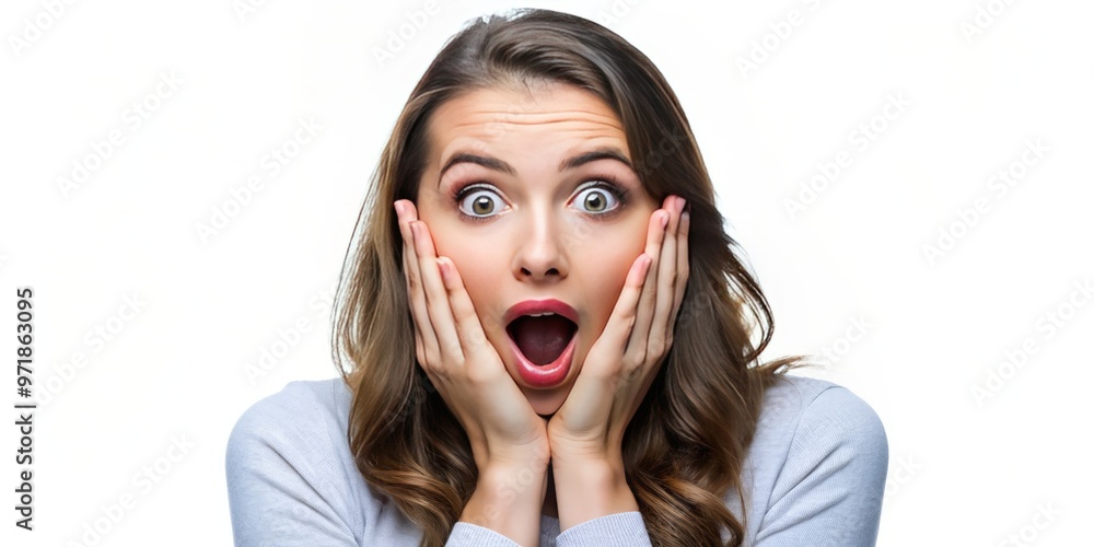 Astonished young woman with open mouth and raised eyebrows, holding ...