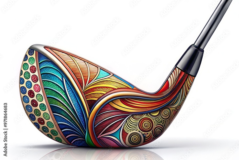 A stylized, isolated, colorful illustration of a golf club with ...