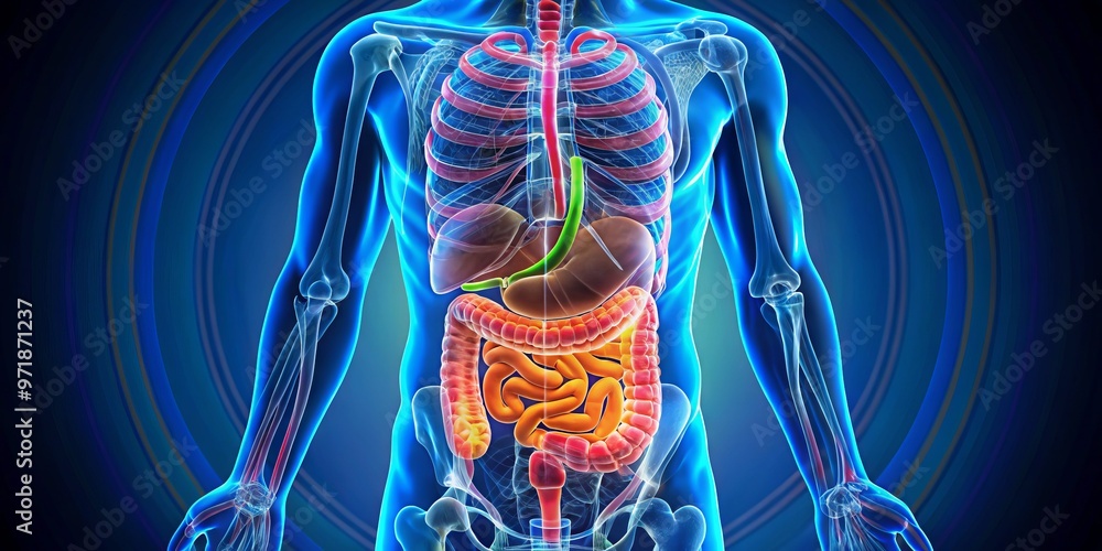 Colorful 3D illustration of the male digestive system, highlighting the ...