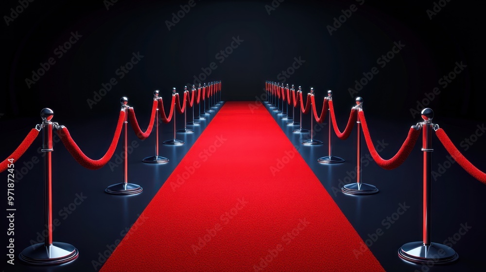 Illustrate a red carpet lined with velvet ropes and stanchions on a ...