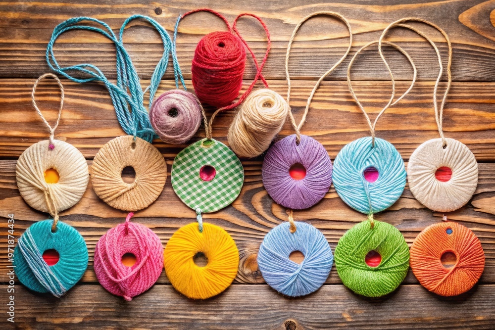 Colorful round hang tags with strings and cotton threads adorn a rustic ...