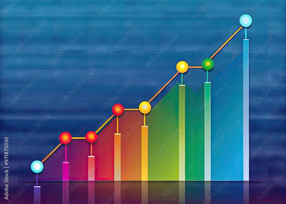 Colorful vertical timeline illustration with ascending arrow, milestone ...