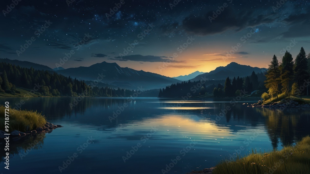 realistic landscape illustration of a lake, mountains, and a beautiful ...