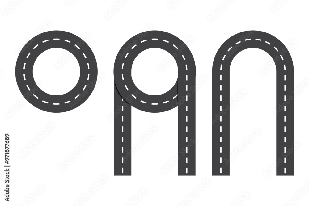 Road letters vector. Circular road shapes. Unique road typography. Gray ...