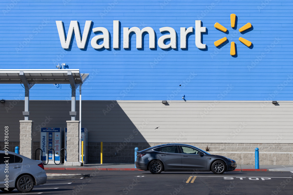 Milpitas, CA, USA - Feb 18, 2024: Walmart logo is seen at one of its ...