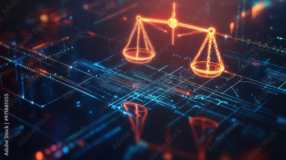 A modern digital justice network showcases a futuristic symbol of ...