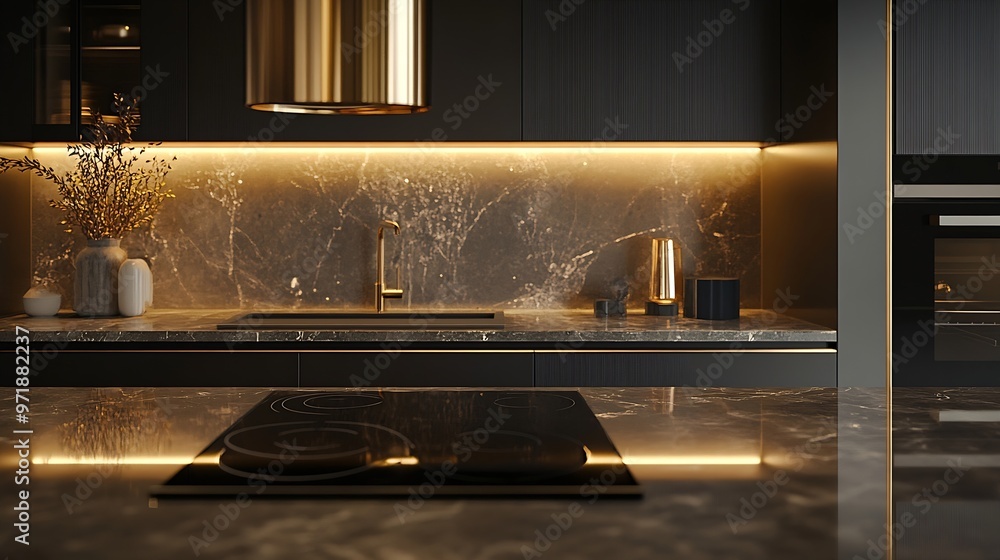 Upscale flat design kitchen with induction black glass hob with ...