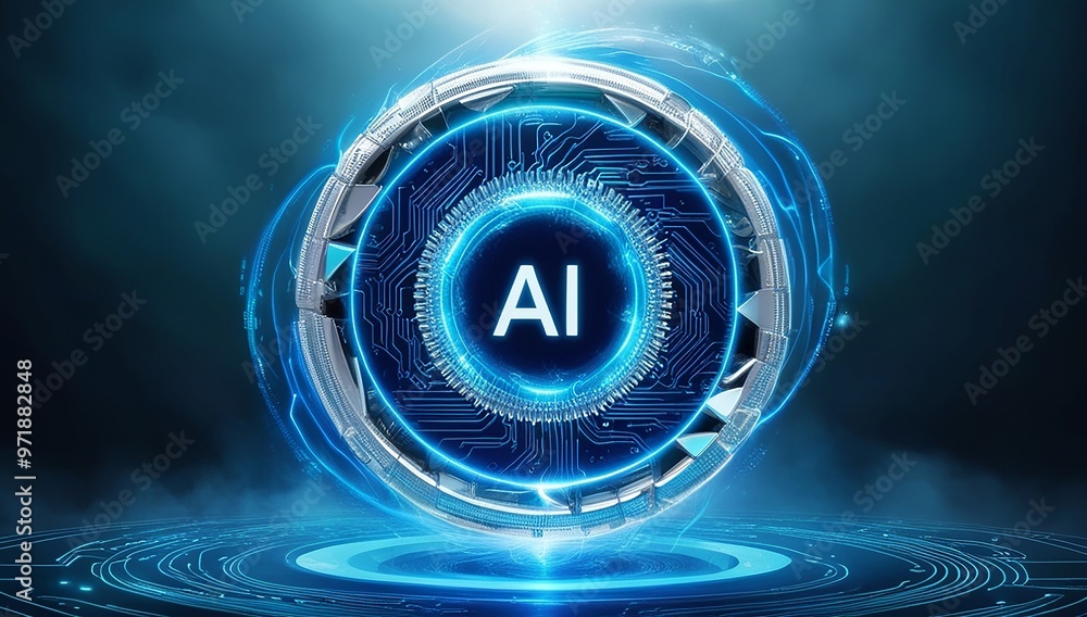 Glowing circuit patterns radiating from a central AI core, illustrate ...