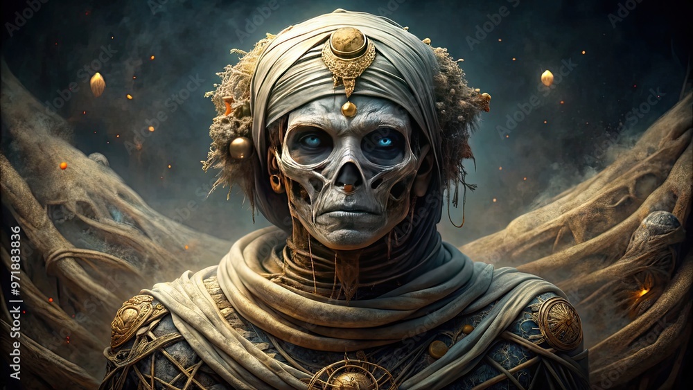 Detailed illustration of an ancient Egyptian mummy wrapped in tattered ...