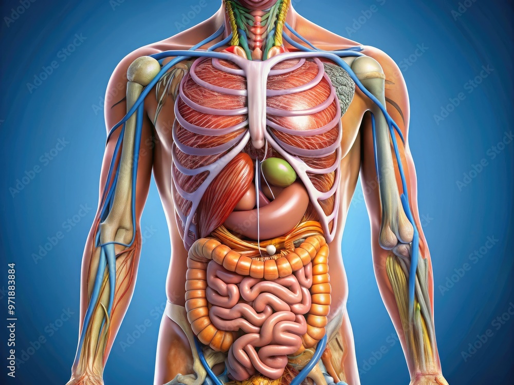 Detailed illustration of human abdominal anatomy, showcasing internal ...