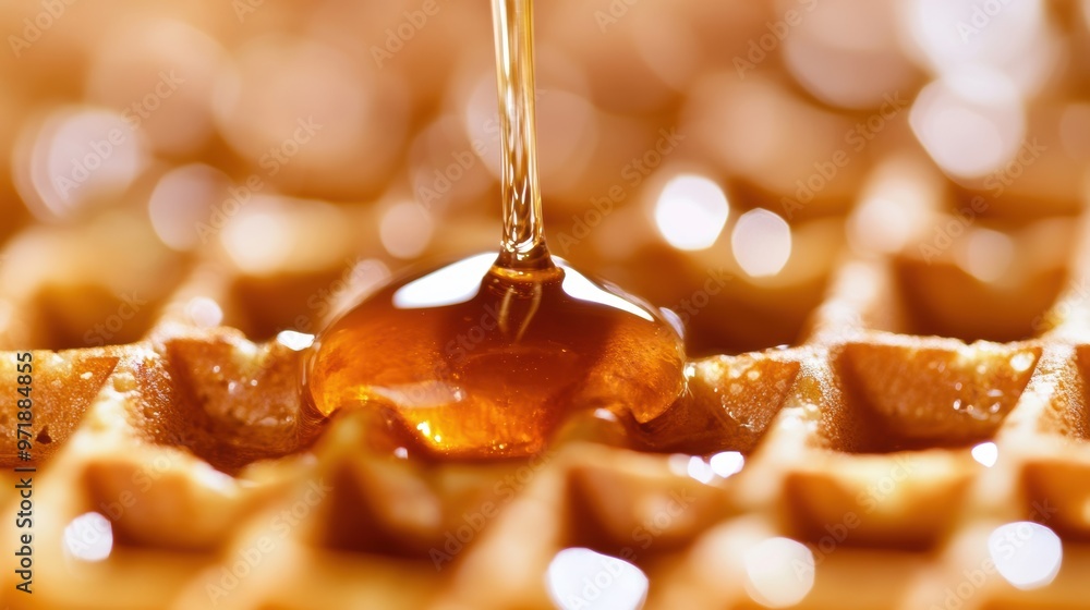 Golden waffles are generously coated with warm maple syrup, creating an ...