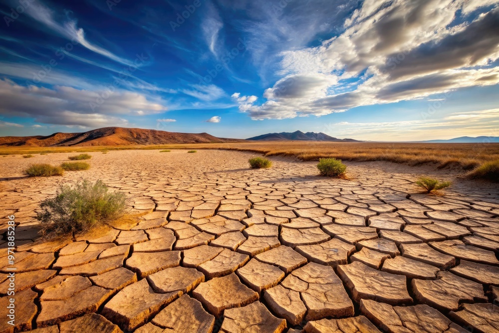 Dry, cracked earth stretches across a barren landscape, fissured mud ...