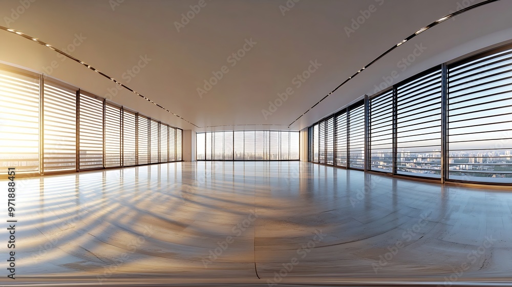 Empty room with with blinds on panoramic windows full seamless ...