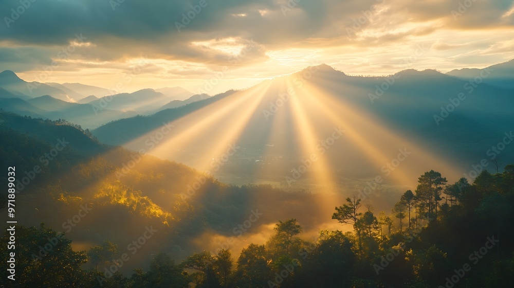 Golden light rays shining down to mountains Sun rays over valley Sun ...