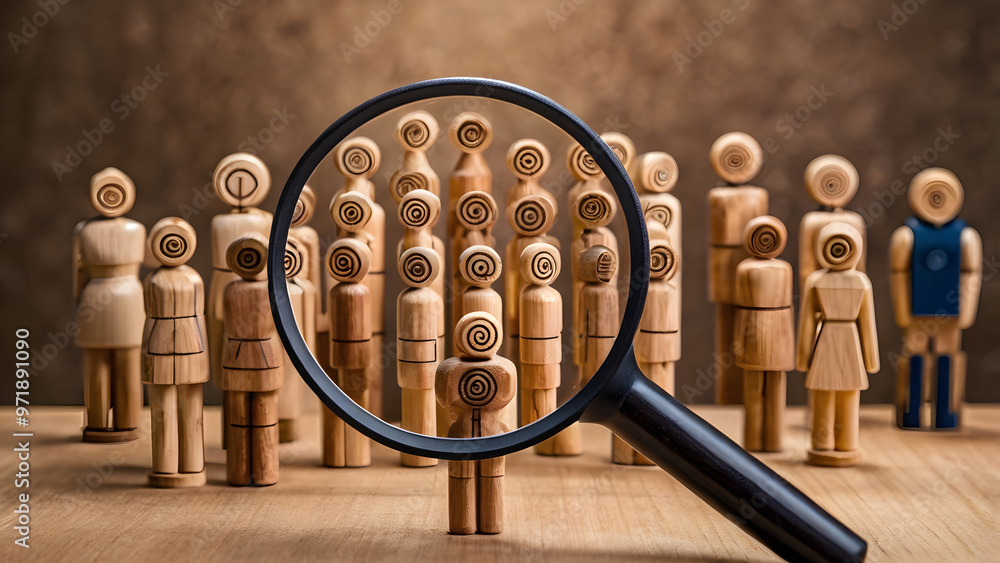 Magnifying Glass Focus on Target Icon with Human-Shaped Wooden Figures ...