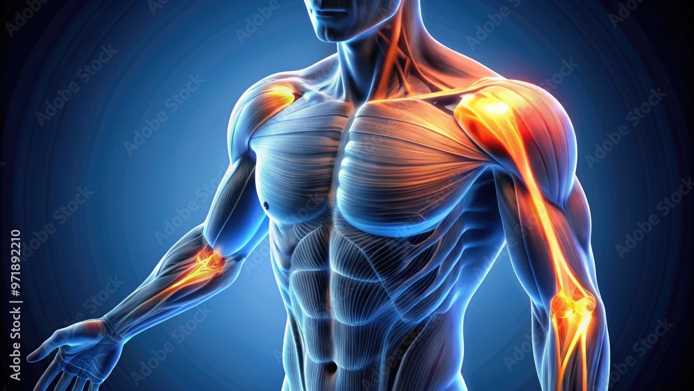 Illuminated 3D illustration of the human upper arm's tricep muscle ...